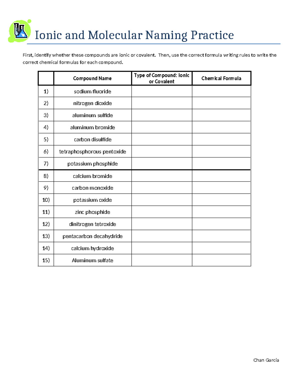 7 Ionic and Molecular Naming Practice - Ionic and Molecular Naming ...