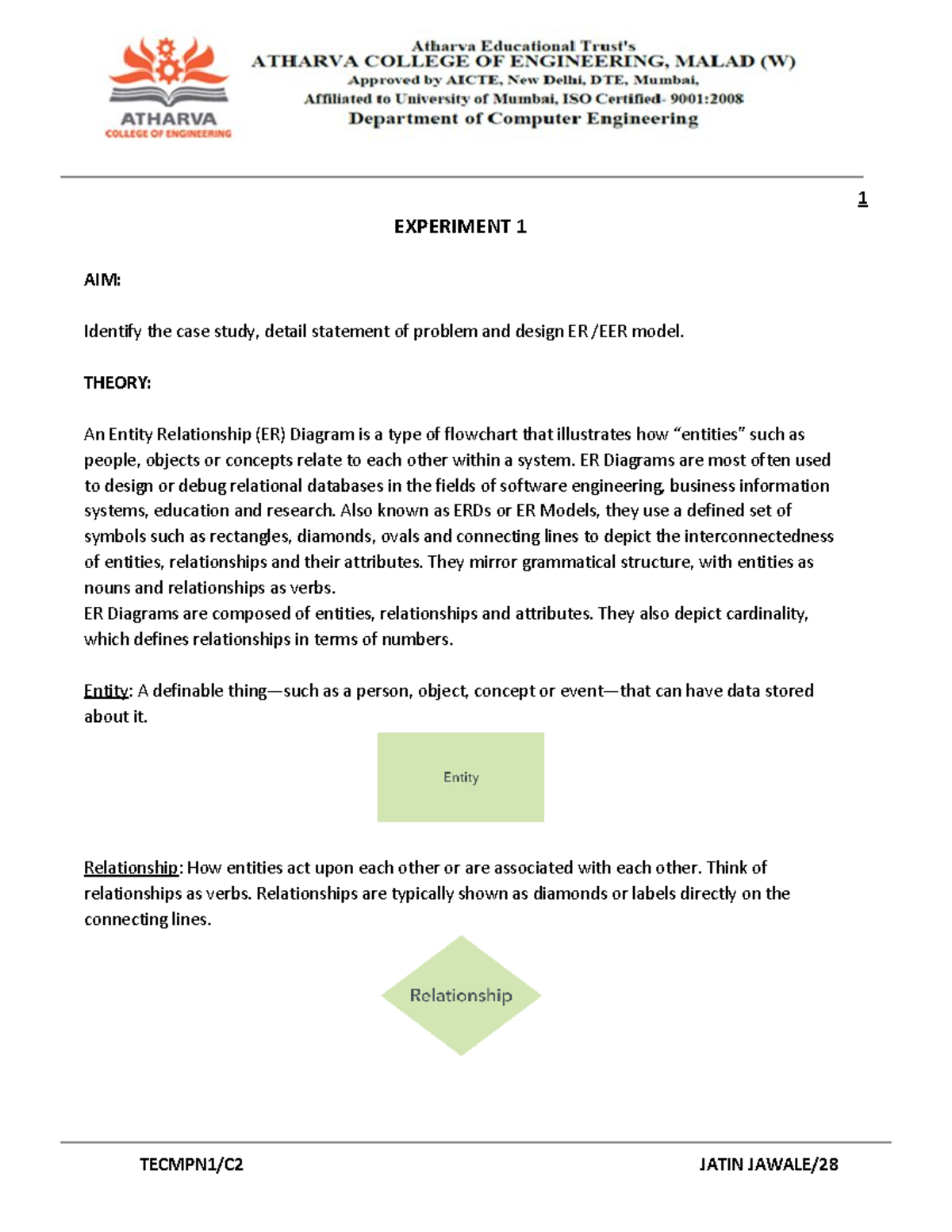 DBMS Exp 1 - Designing ER/EER Model - 1 EXPERIMENT 1 AIM: Identify the case study, detail ...