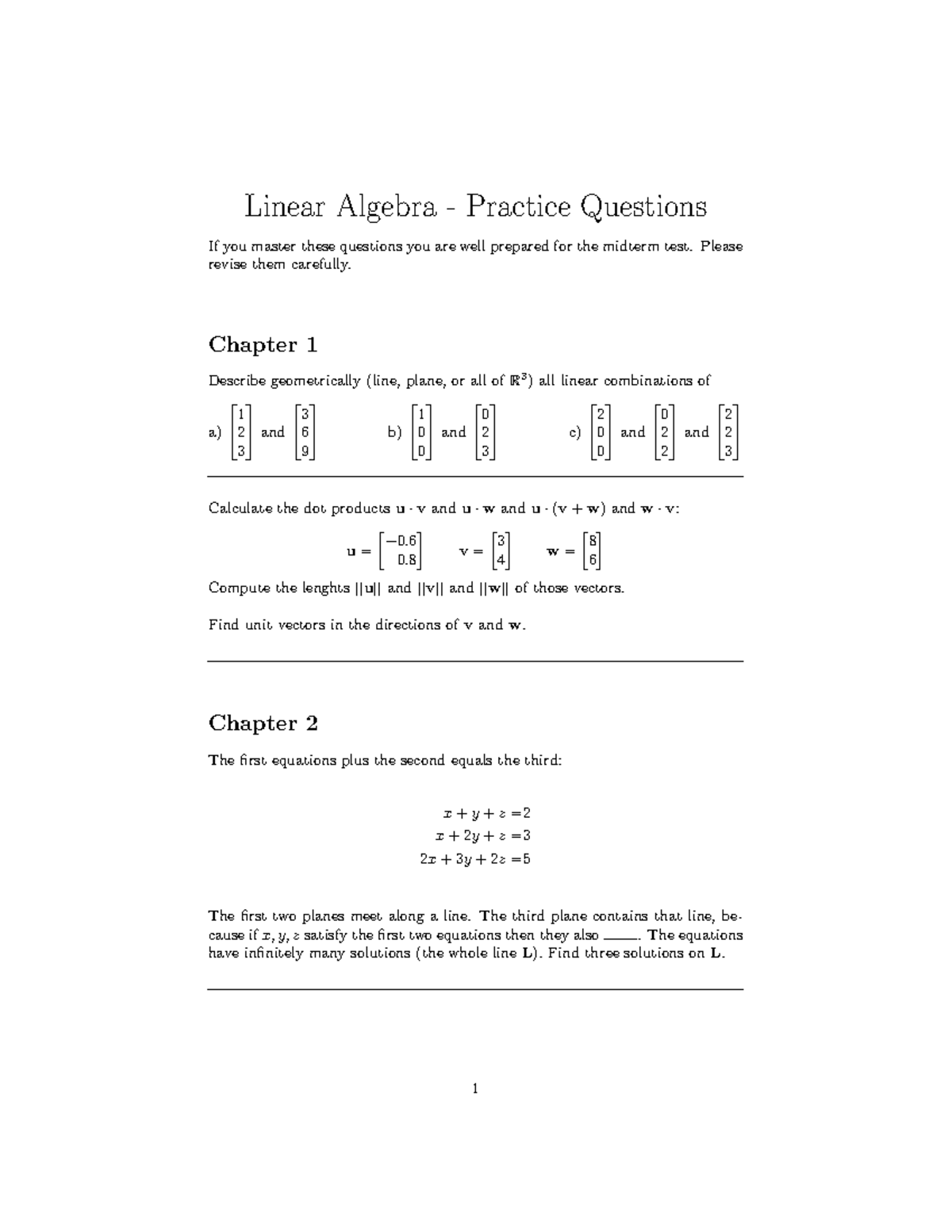 Lin Alg Exercise - Linear Algebra pratice - Linear Algebra - Practice Questions If you master ...