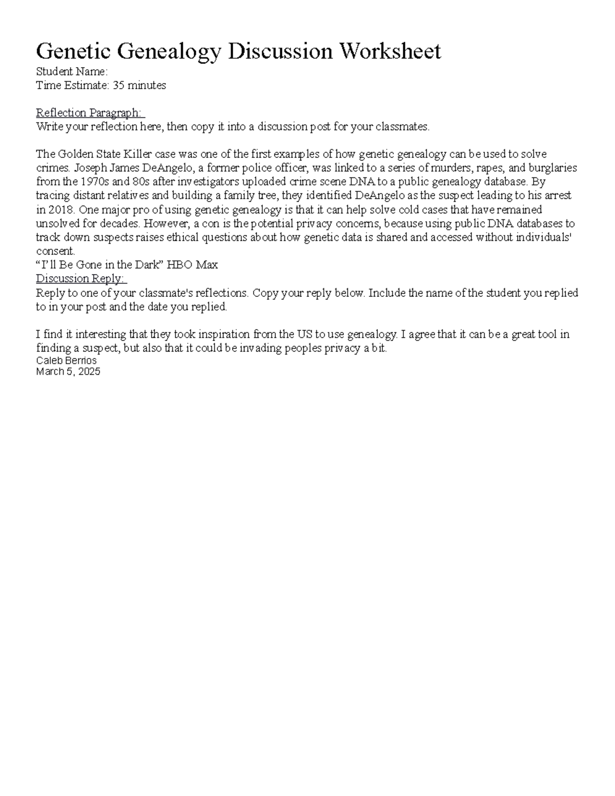 Genetic genealogy worksheet - Genetic Genealogy Discussion Worksheet ...