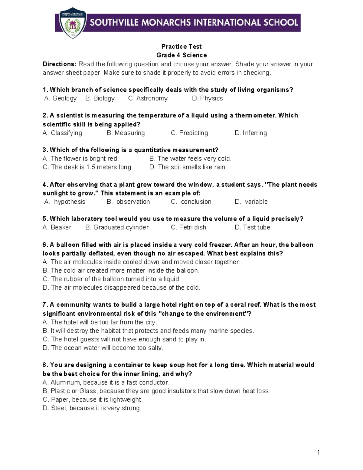 SBA Grade 4 Science Practice Test Questions and Answers - Studocu
