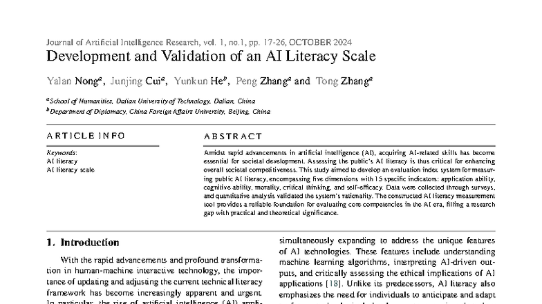 Development and Validation of an AI Literacy Scale (JAIR 2024) - Studocu