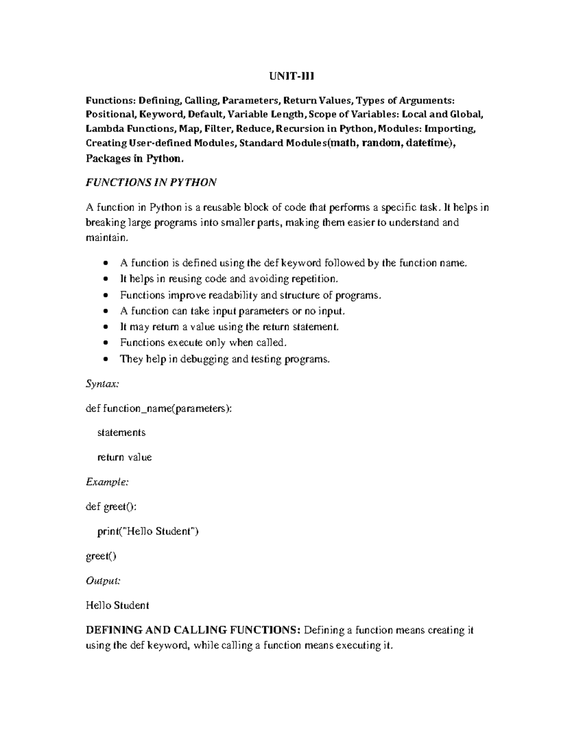 Python UNIT III - Functions, Scope, and Modules Overview - Studocu