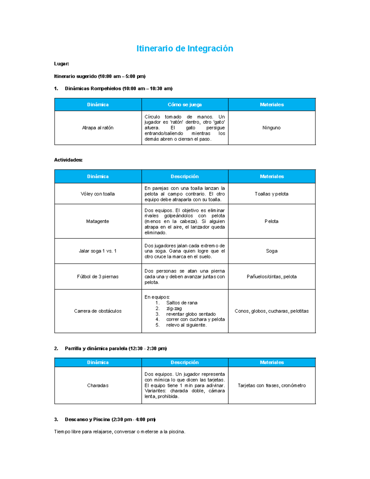 Plan de Juegos: Itinerario de Integración y Dinámicas 10:00 am - 5:00 ...