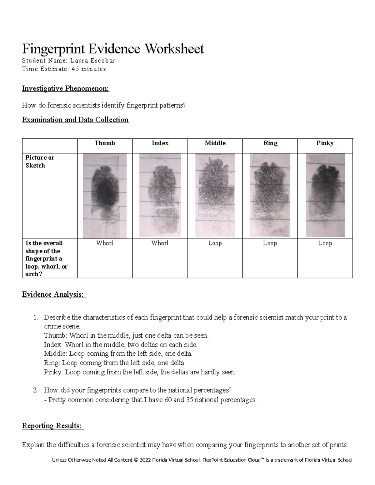 Fingerprint evidence worksheet - Fingerprint Evidence Worksheet Student ...
