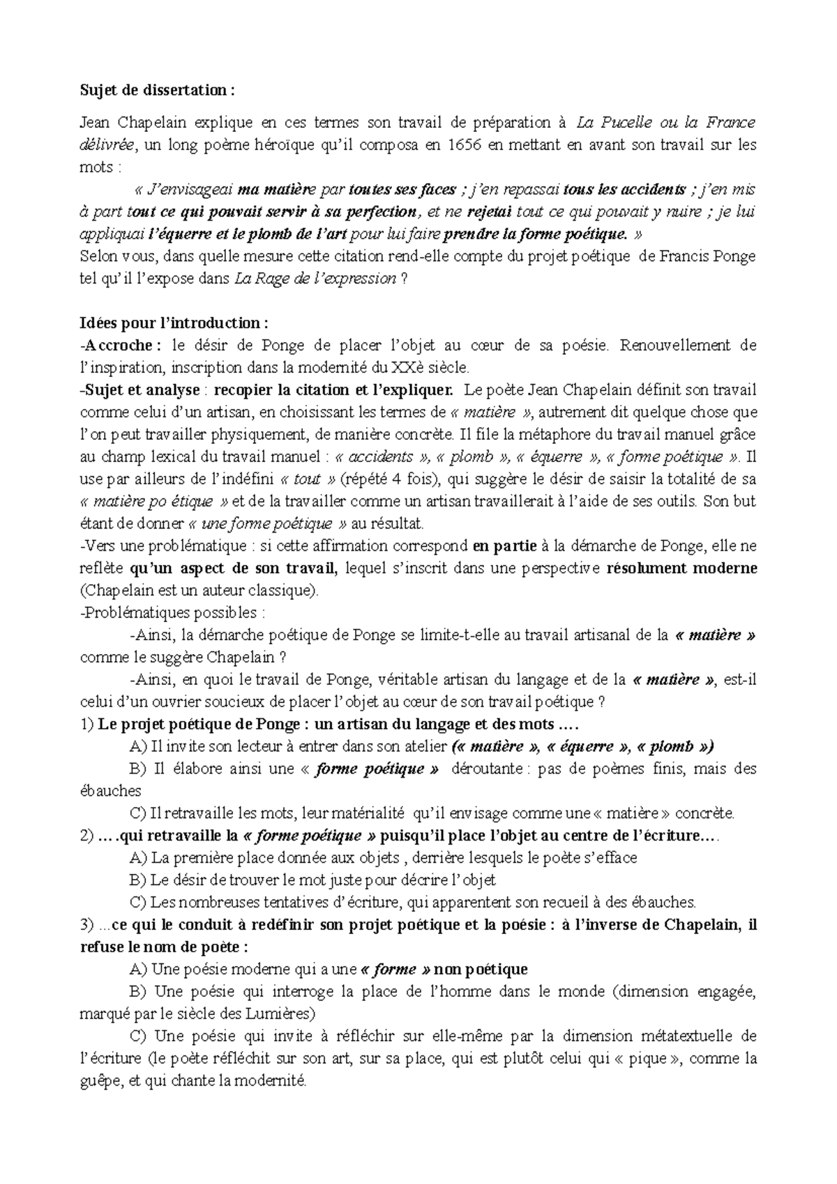 Sujet DS Ponge : Analyse du projet poétique et artisanal de Ponge - Studocu