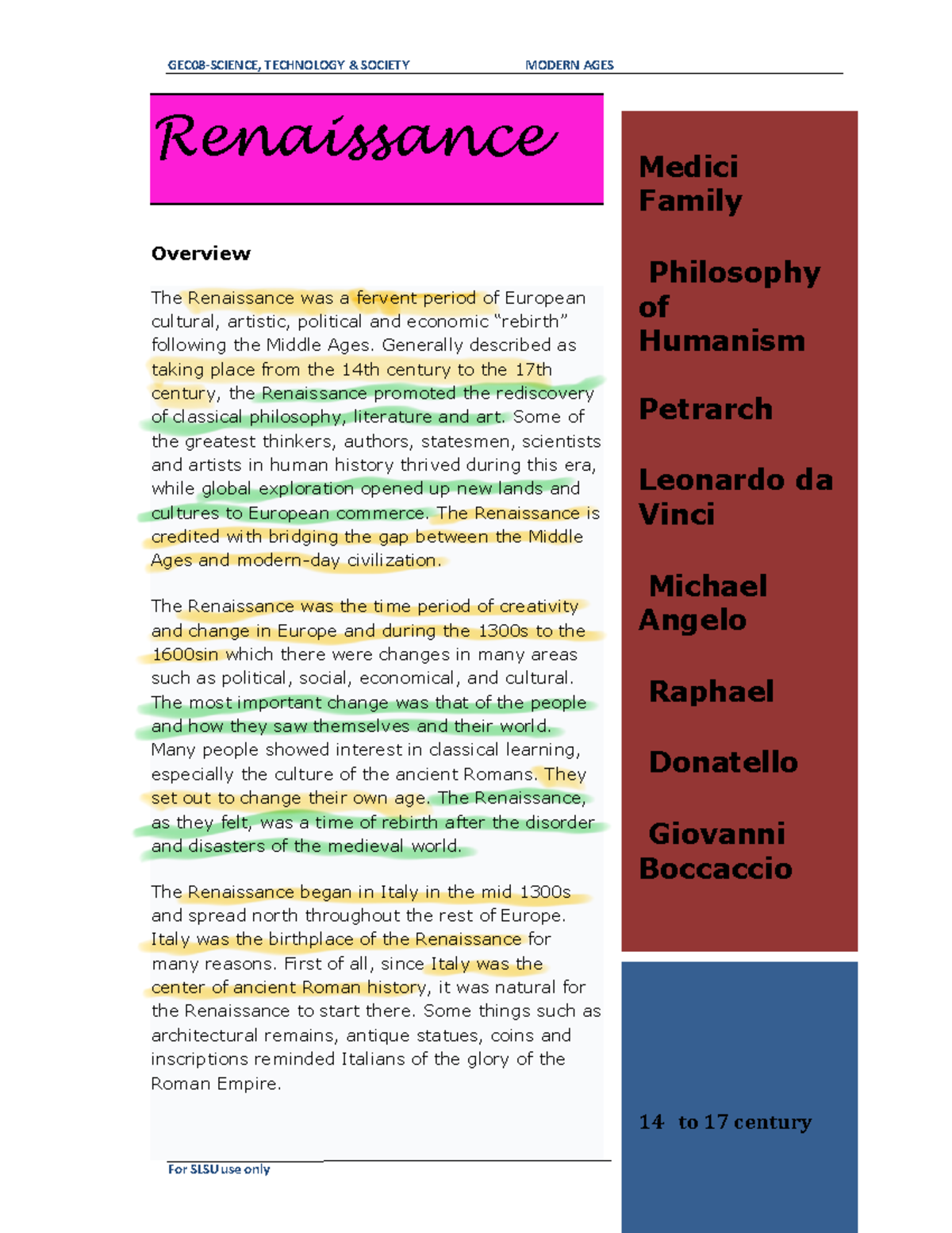 Renaissance (14th-17th Century): Cultural Rebirth & Its Impact - Studocu
