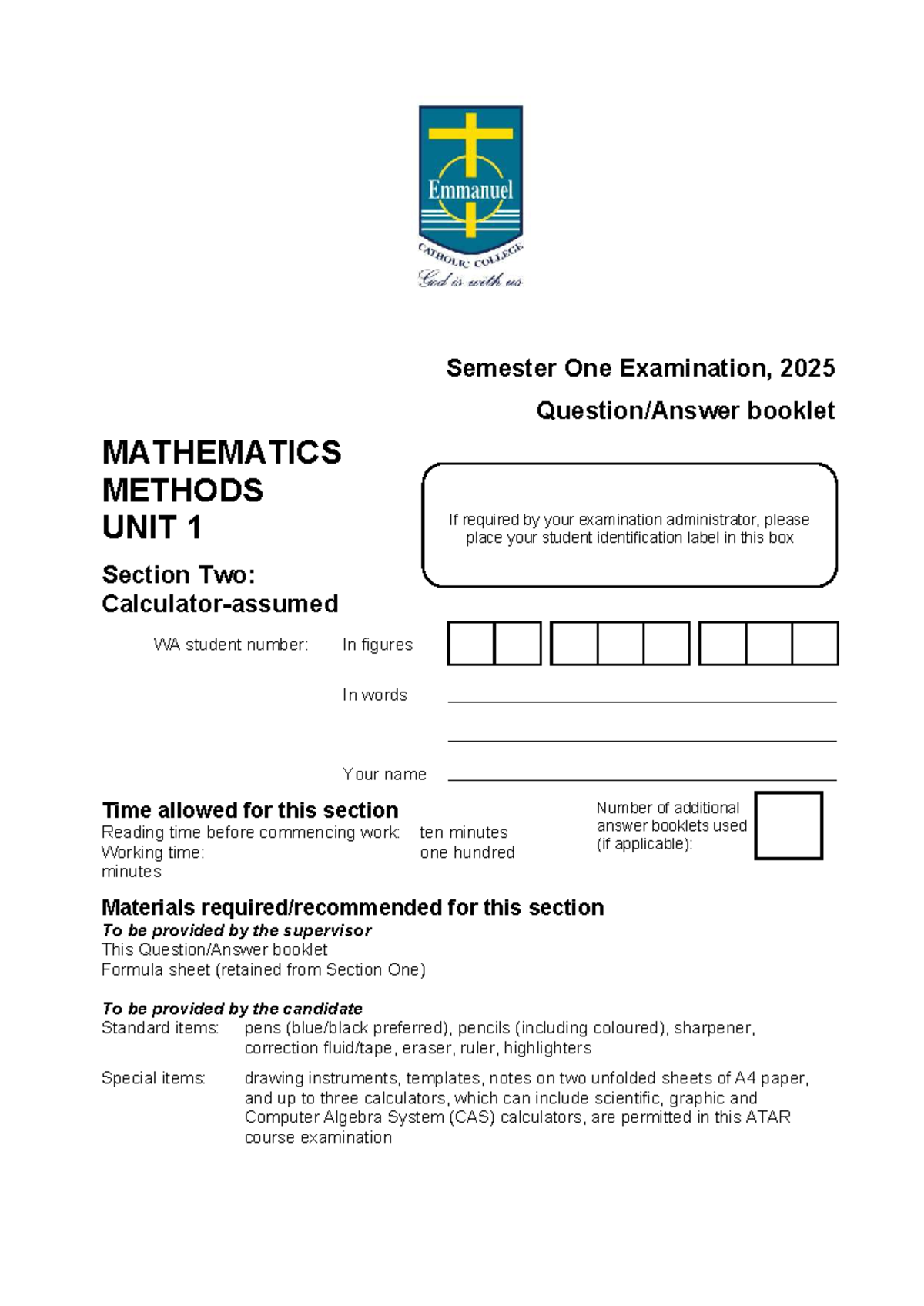 2025 YR11 MATH METHODS U1 Semester One Exam Paper - Studocu