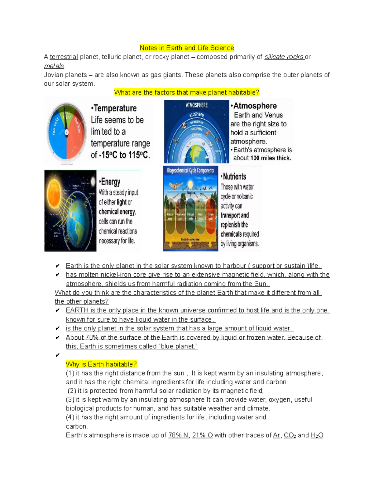 Earth and Life Science Notes: Characteristics of Habitable Planets ...