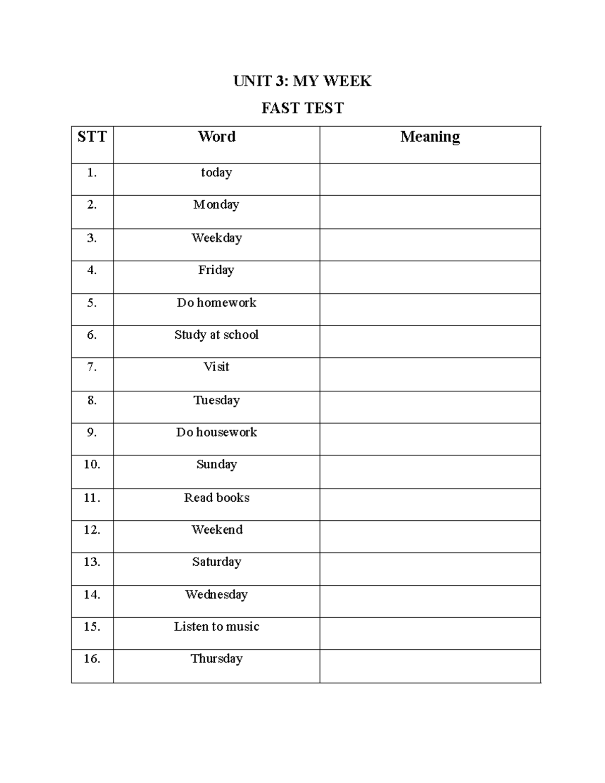 UNIT 3: MY WEEK FAST TEST STT Vocabulary and Activities - Studocu