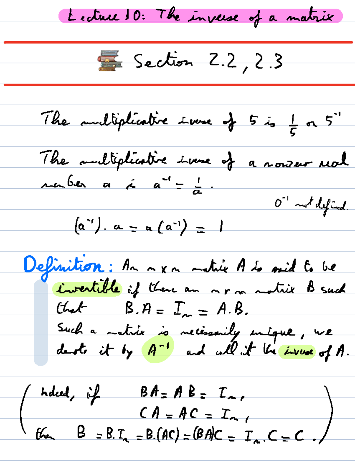 Lecture 10: Inverse of a Matrix - Sections 2.2 & 2.3 - Studocu