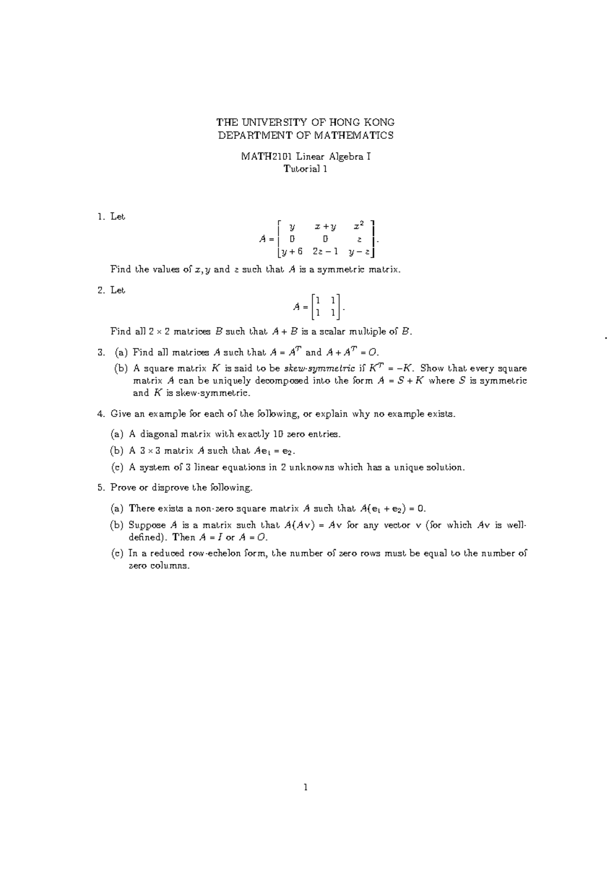 Math2101 Linear Algebra: Tutorial Exercise 1-11 (HKU 2022-2023) - Studocu