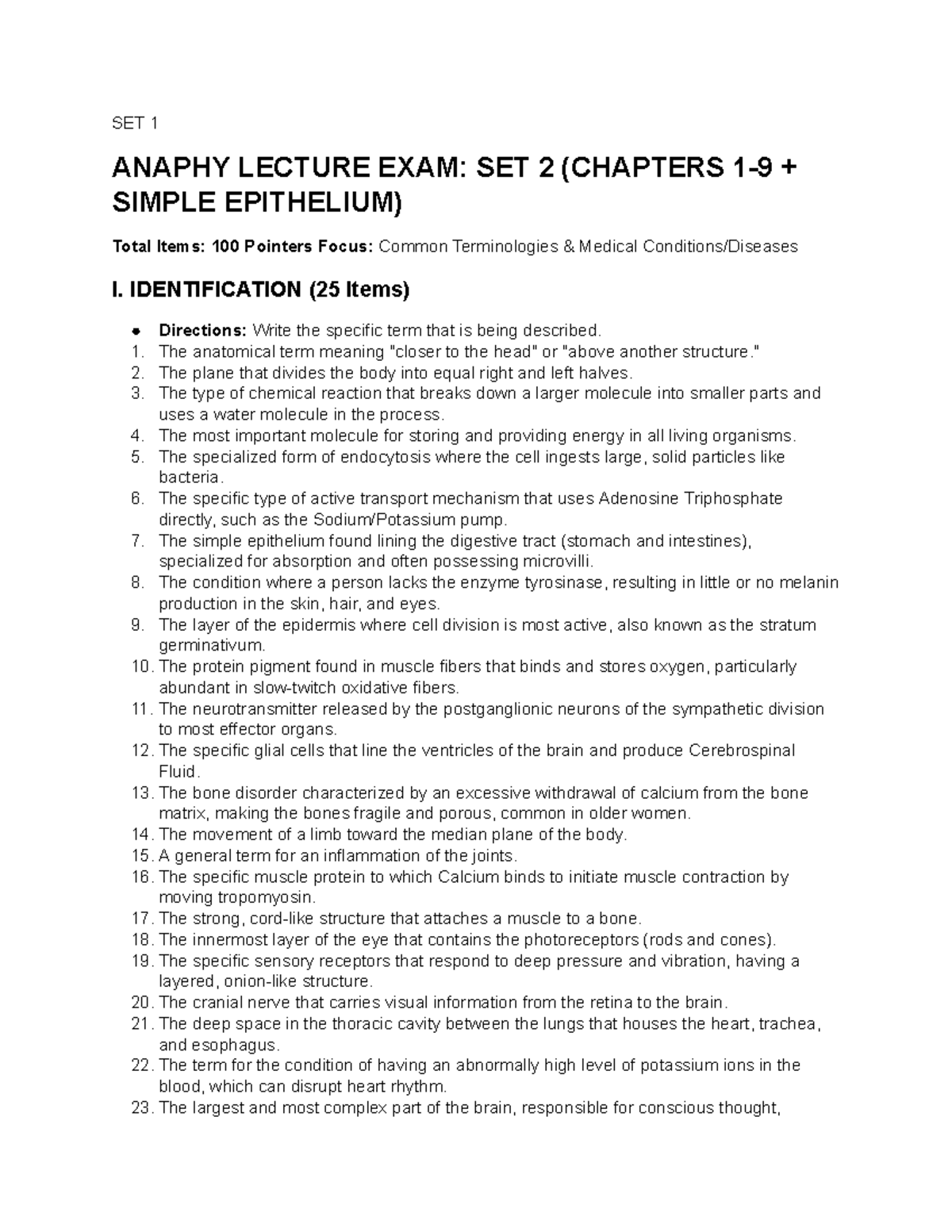 SET 1 ANAPHY LECTURE EXAM: SIMPLE EPITHELIUM & TERMINOLOGIES - Studocu