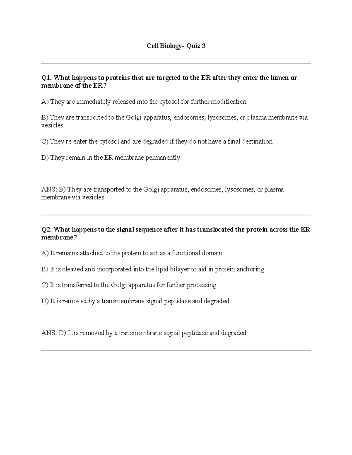 Cell Biology - Quiz 3 Practice Questions and Answers - Studocu