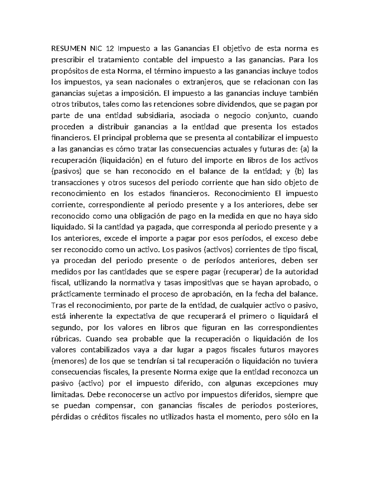 Resumen NIC 12 - Impuesto a las Ganancias: Conocimientos Básicos - Studocu
