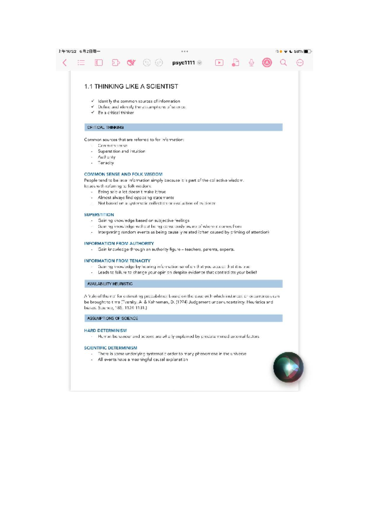 Psyc1111: Lecture Notes on Thinking Like a Scientist and Critical ...