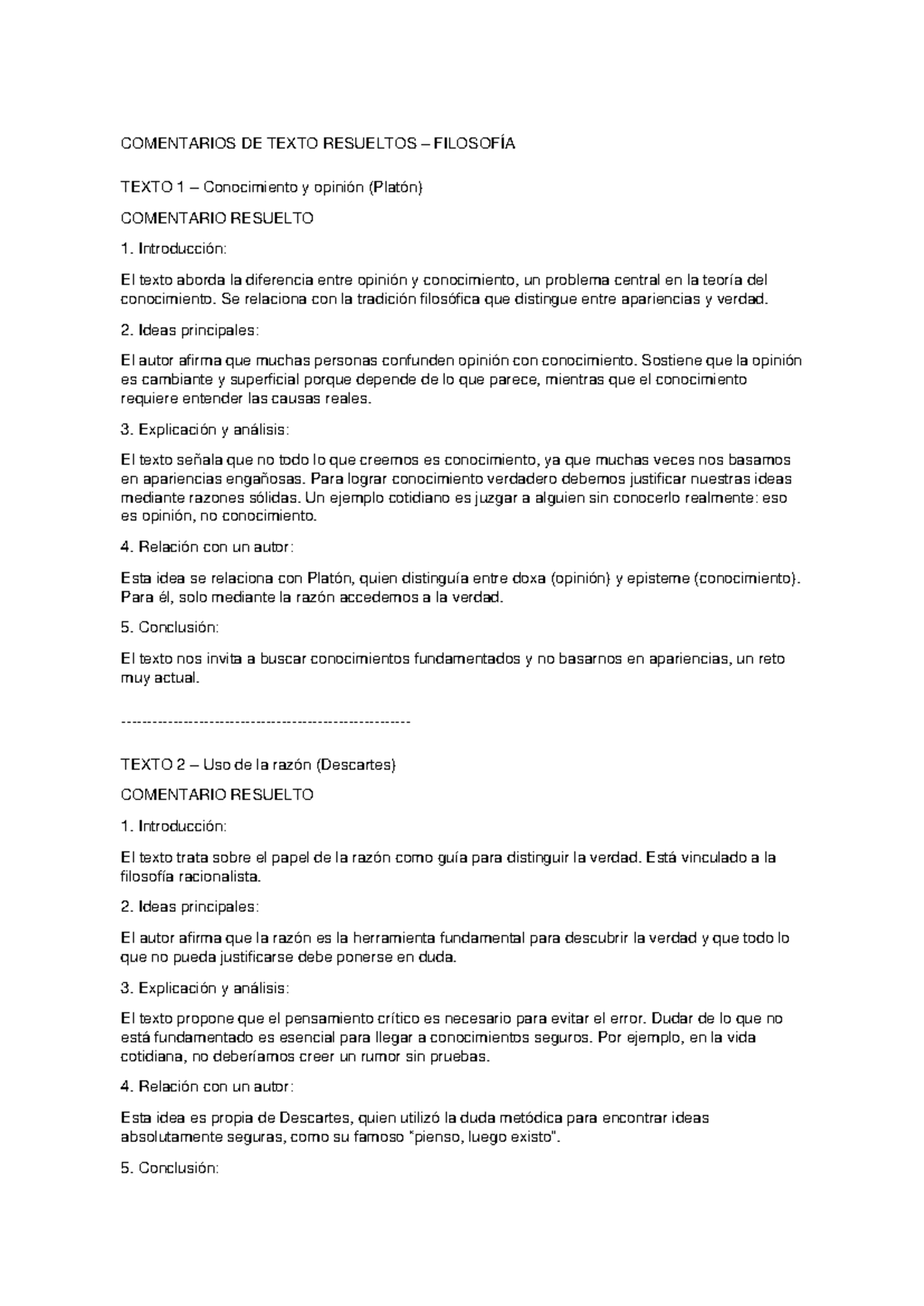 Comentarios Resueltos de Filosofía: Análisis de Textos Clásicos - Studocu