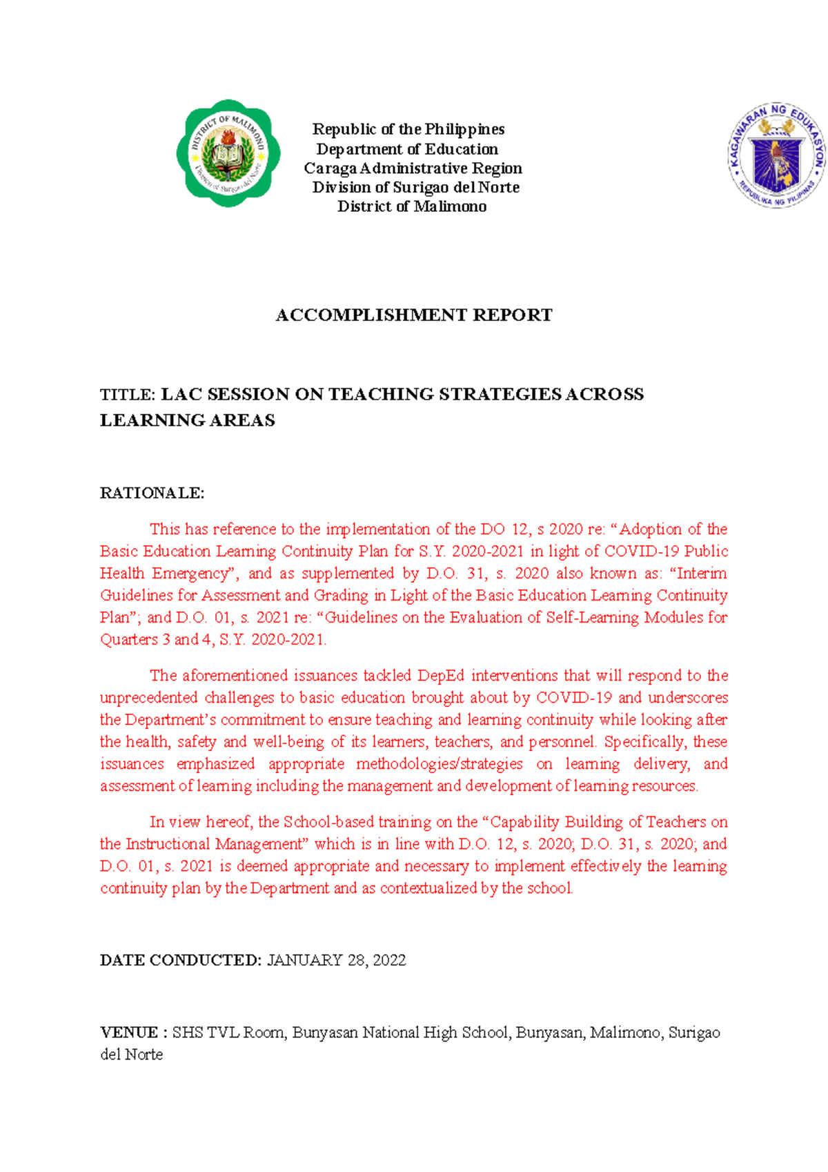 LAC Session Accomplishment Report on Teaching Strategies (Jan 2022 ...