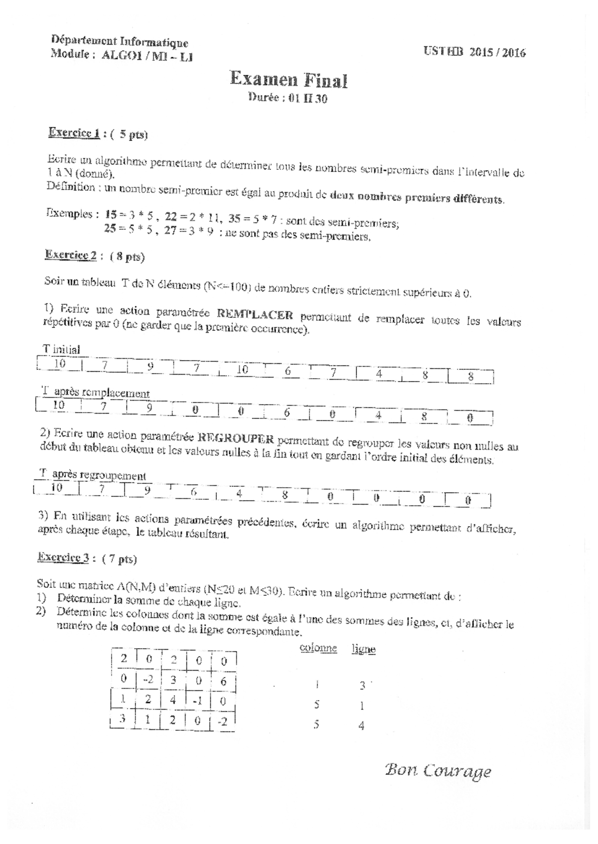 Examen ALGO 04 01 2016 - exam - Département Informatique Module USTHB ...