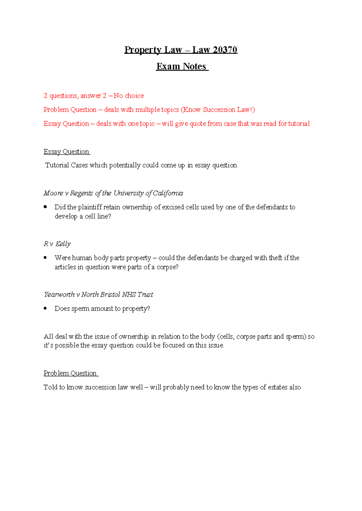 Property Law Exam Notes – Law 20370: Key Topics & Case Summaries - Studocu