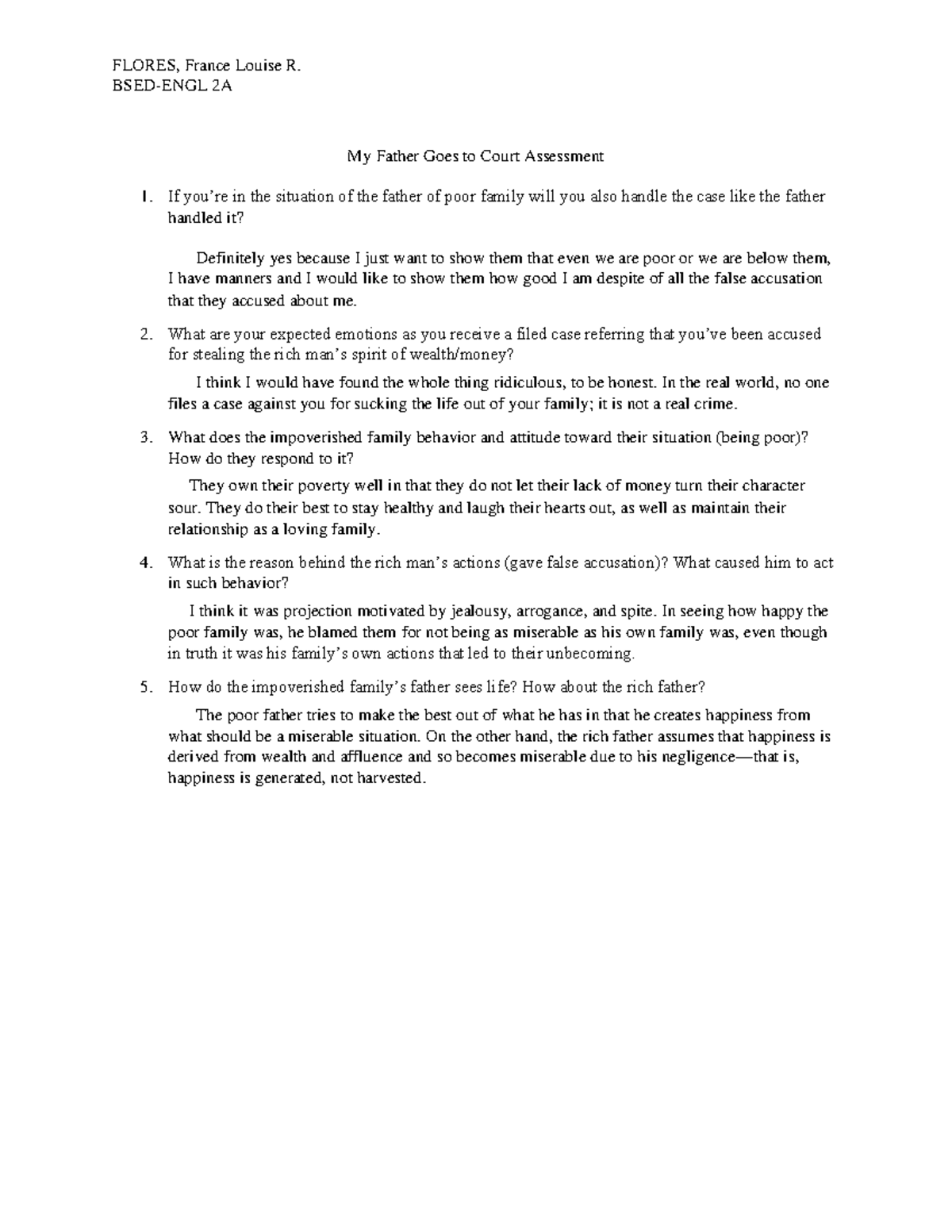 BSED-ENGL 2A: Q&A on "My Father Goes to Court" Analysis - Studocu