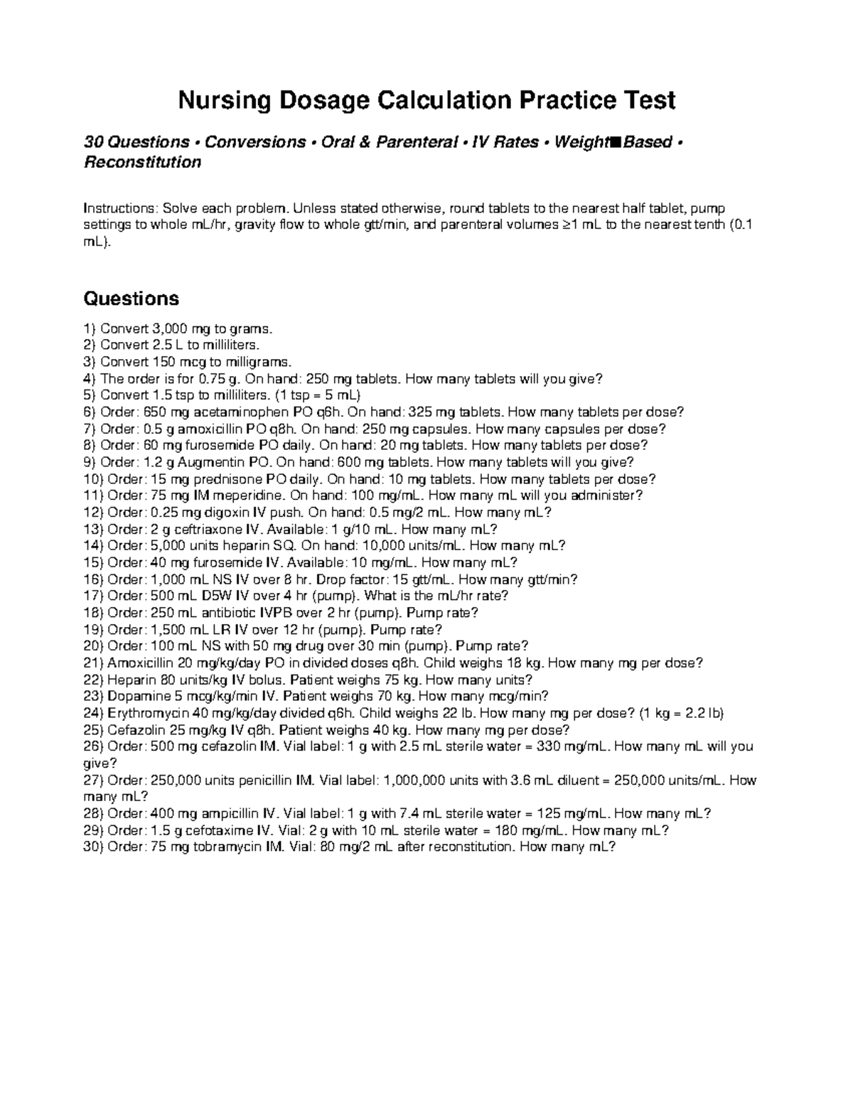 Nursing Dosage Calculation Practice Test: 30 Questions & Solutions ...