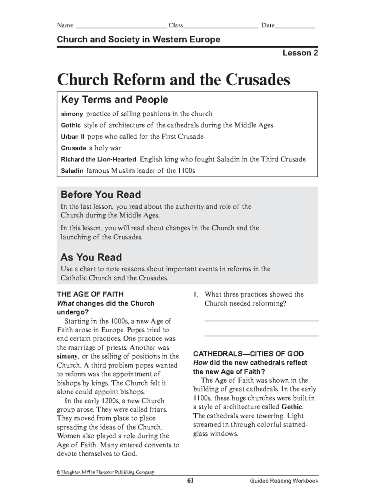 Church and Society in Western Europe: Lesson 2 - Reform & Crusades ...