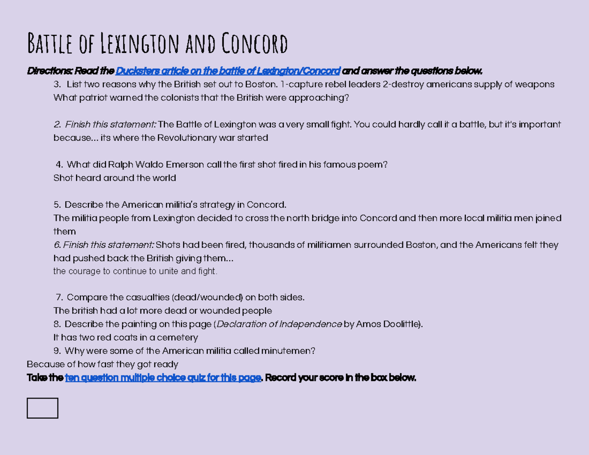 Battle of Lexington & Concord: Web Quest Guide and Quiz - Studocu