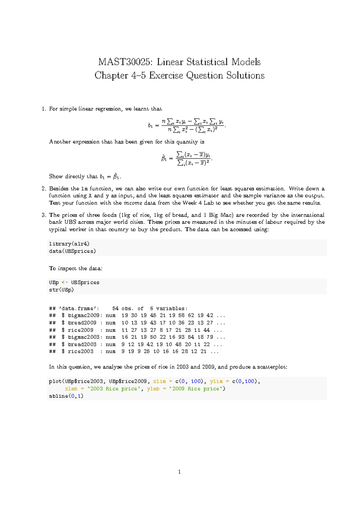 MAST30025: Linear Statistical Models Chapter Exercise Solutions - Studocu