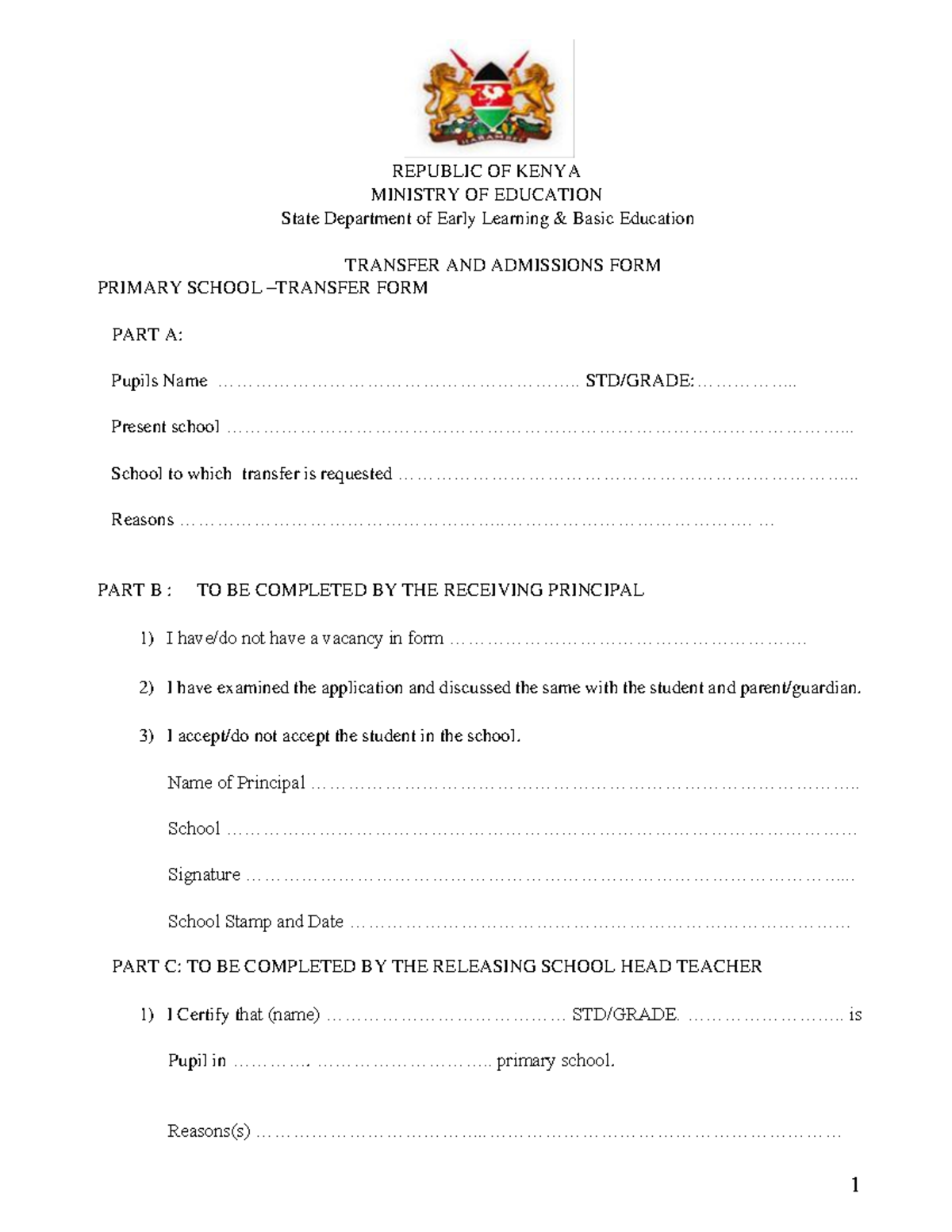 Transfer and Admissions Form for Primary School - FORM 1 - Studocu