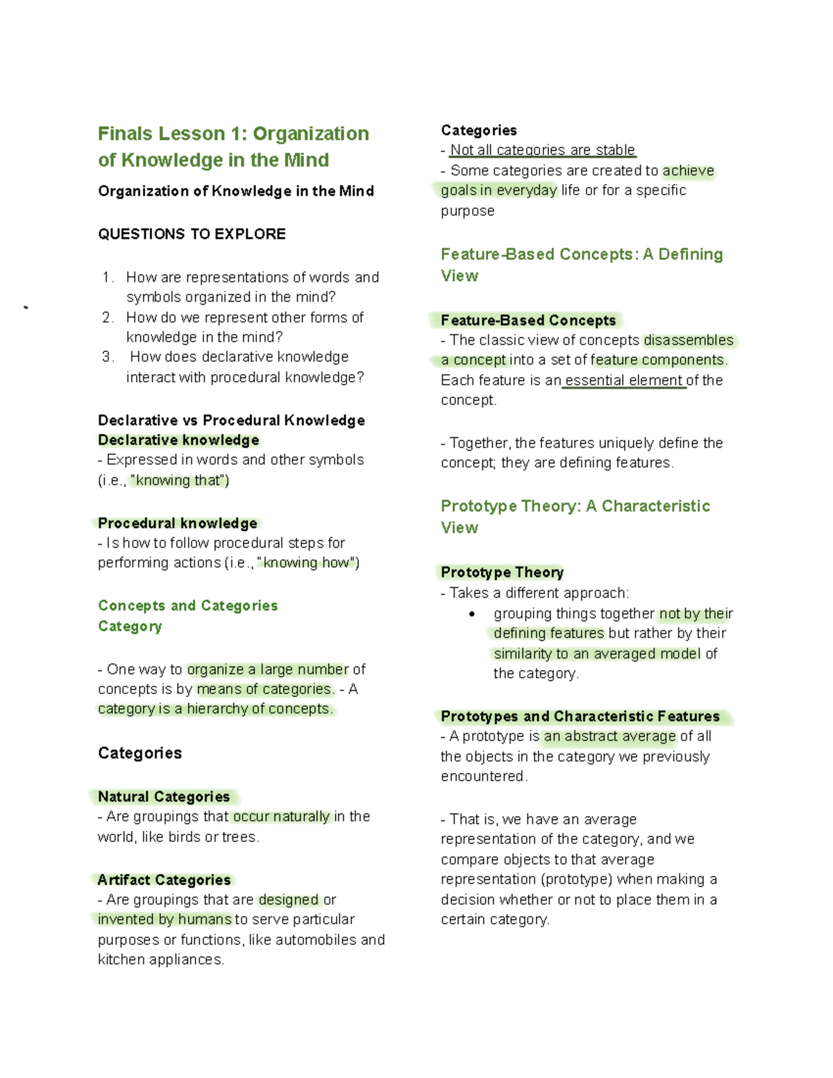 Finals Lesson 1 Organization of Knowledge in the Mind - Finals Lesson 1: Organization of ...