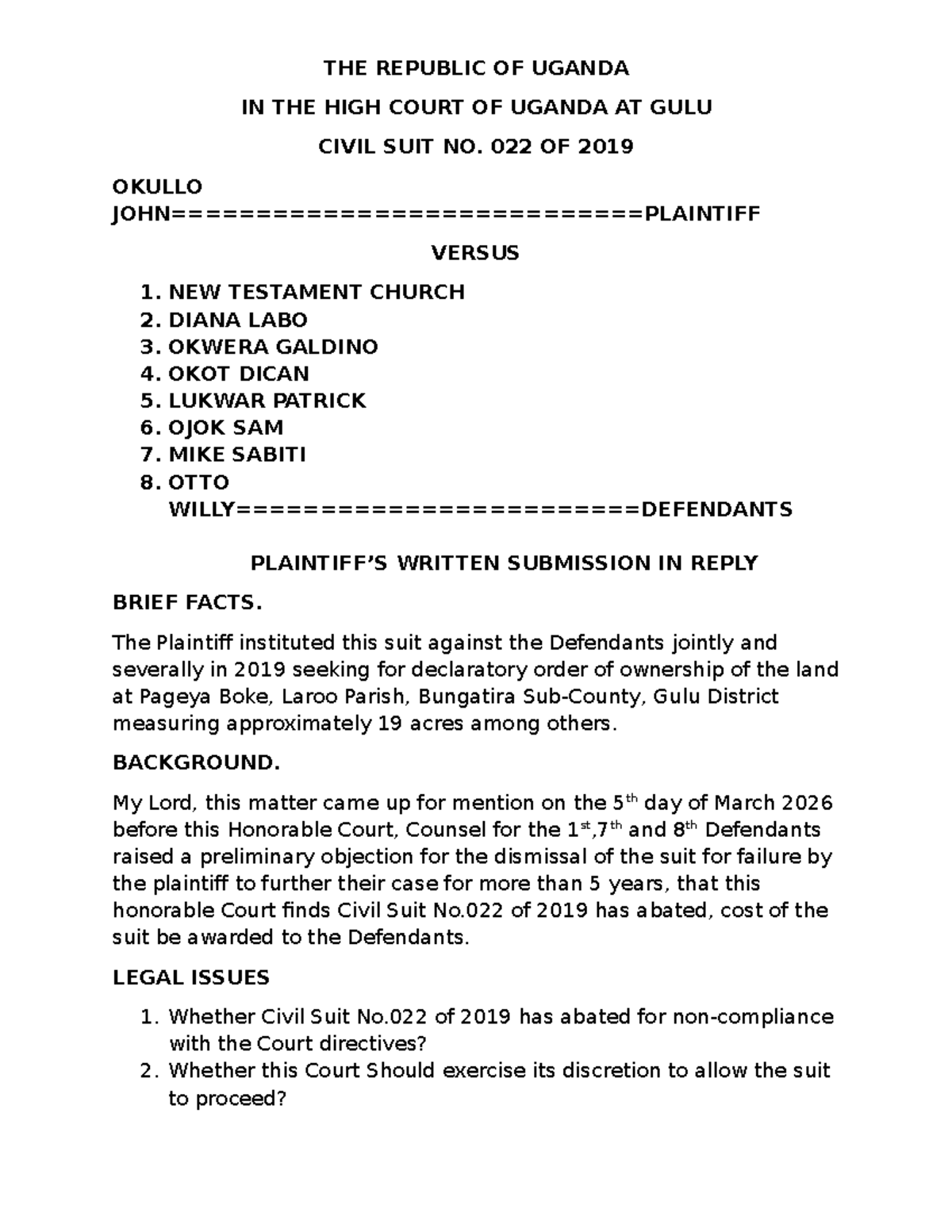Civil Suit No. 022 of 2019: Plaintiff's Written Submission on Abatement ...