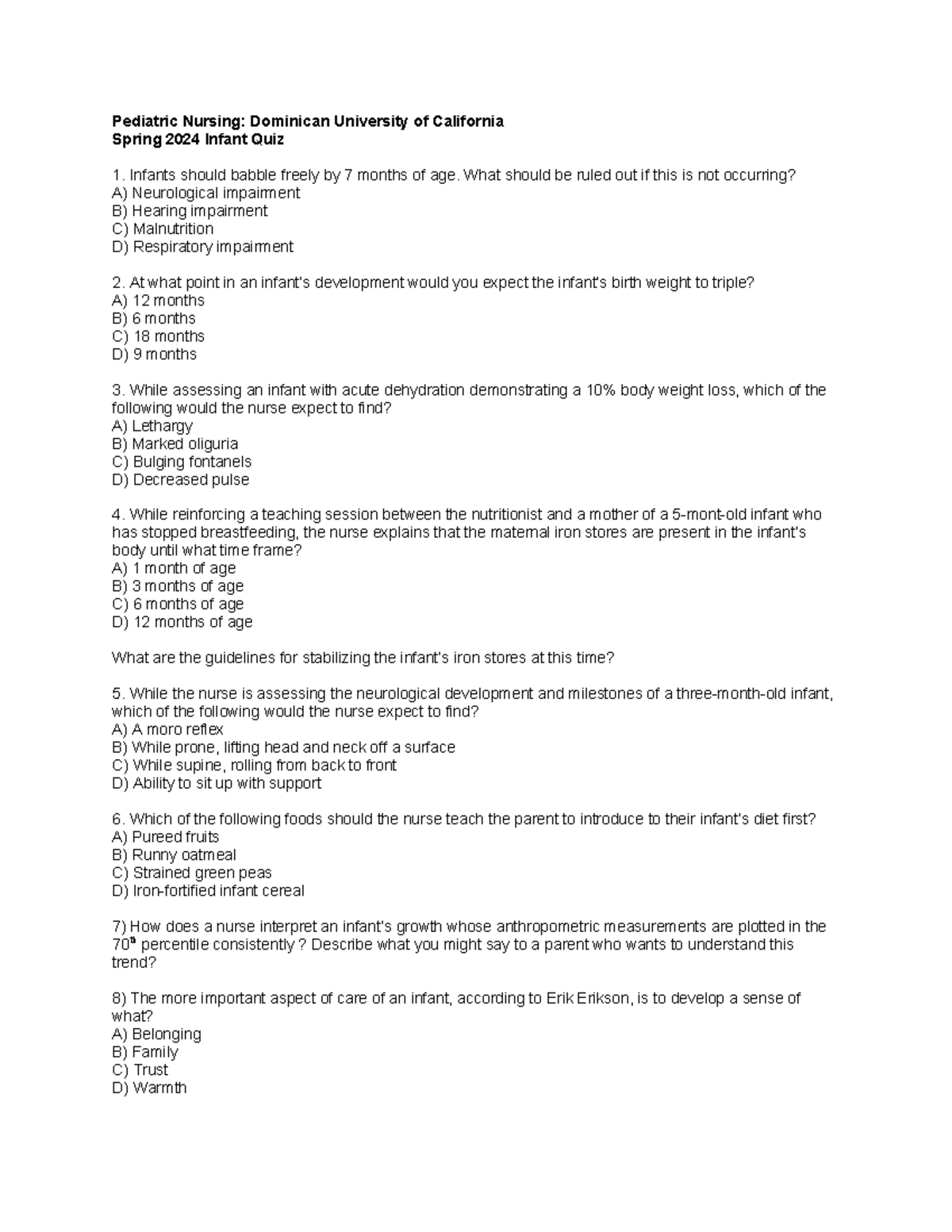 Infant Developmental Quiz (NURS 101) - Dominican University Spring 2024 ...