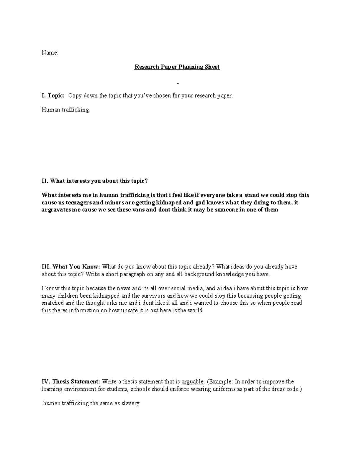 Research Paper Planning Sheet on Human Trafficking: Insights and Ideas ...