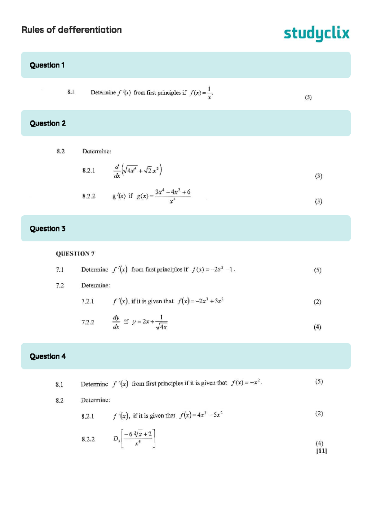 Rules of Differentiation Questions - StudyClix 8.1 to 9.2 - Studocu