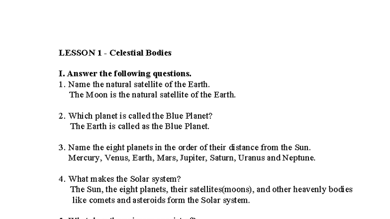 TERM 2 Social Lesson 1: Celestial Bodies Overview for Std 4 - Studocu