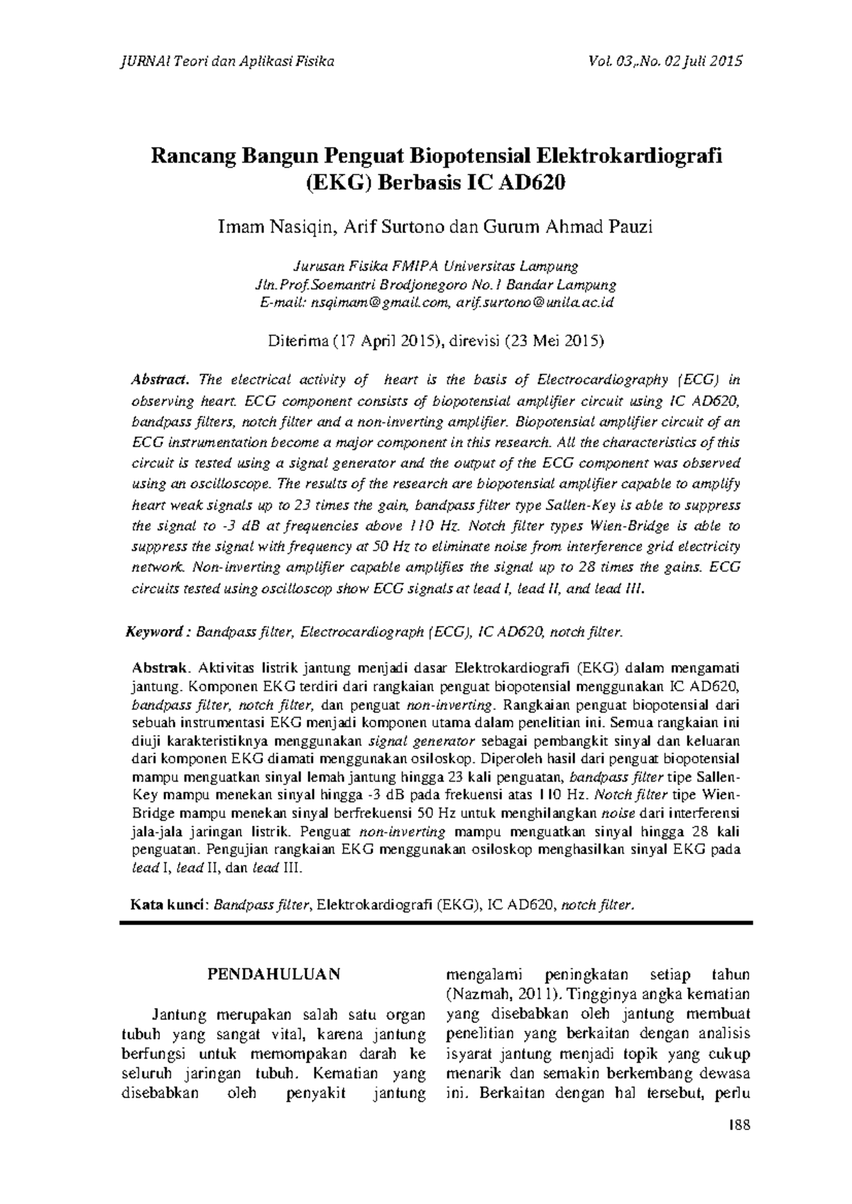 Rancang Bangun Penguat Biopotensial EKG Berbasis IC AD620 - Jurnal ...