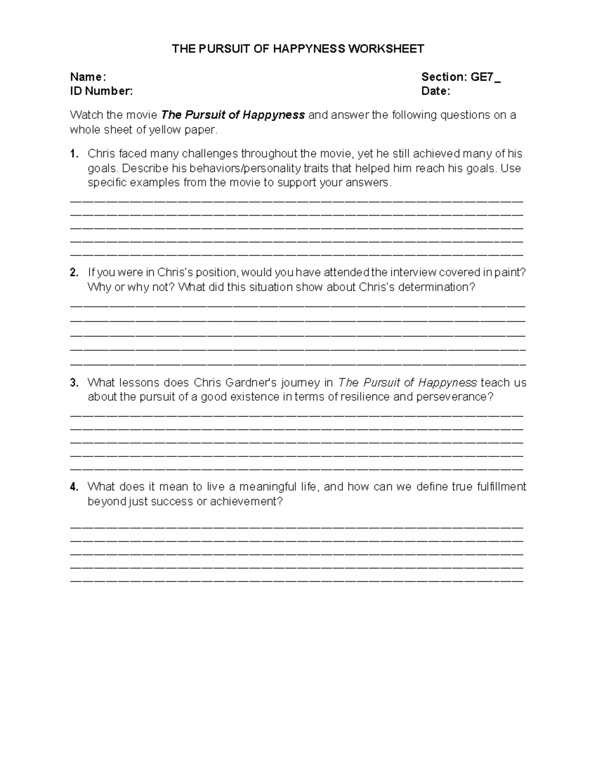 GE7_ The Pursuit of Happyness Worksheet: Reflection & Analysis - Studocu