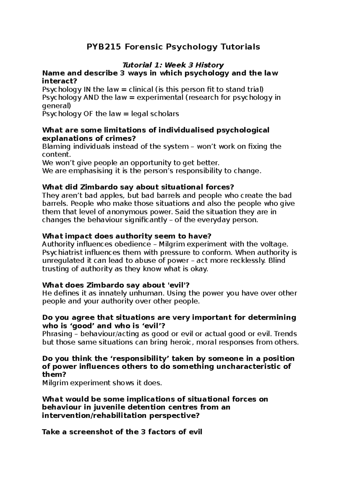 PYB215 Forensic Psychology Tutorial 1: Interactions of Law & Psychology ...