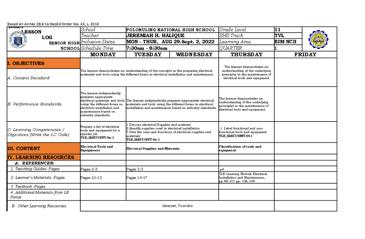 EIM NC II Daily Lesson Log for Electrical Installation & Maintenance ...