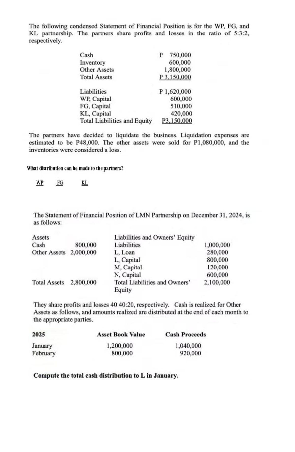 Liquidation Analysis for WP, FG, KL Partnership (Study Material) - Studocu