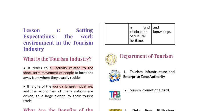 Tourism Industry Overview: Lesson 1 - Setting Expectations - Studocu