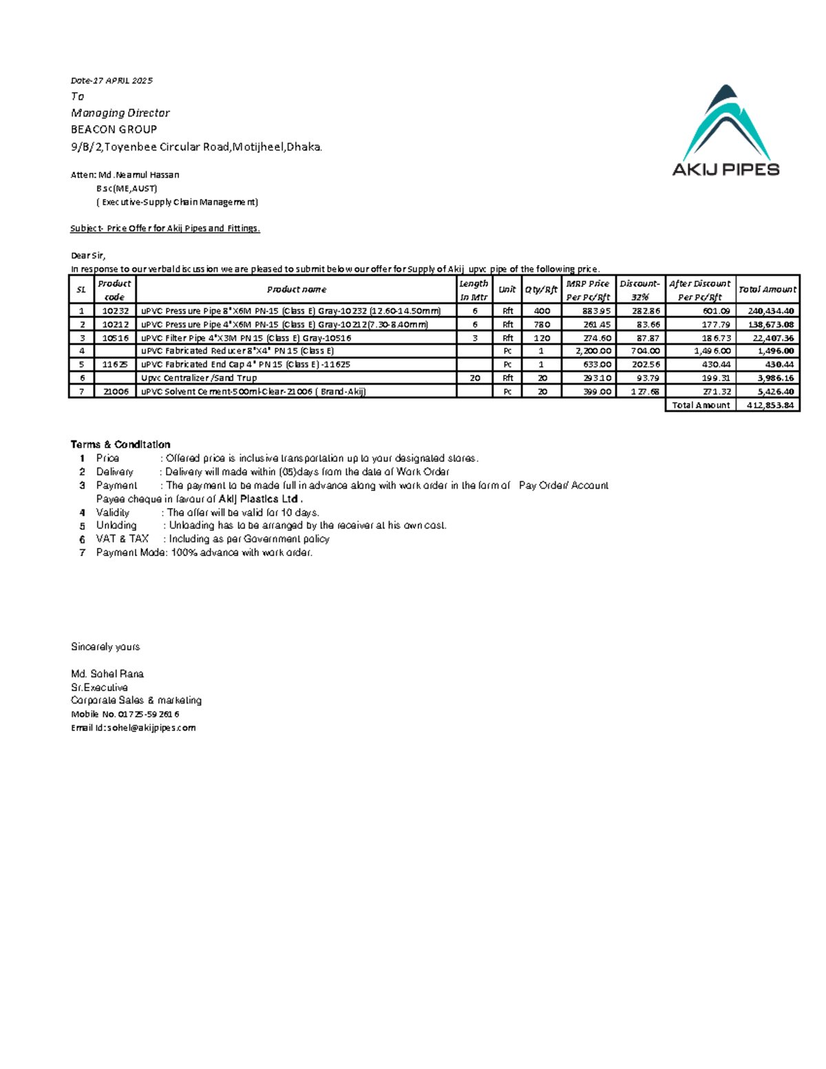Price Offer for Akij Pipes and Fittings - Beacon Group (B.Sc ME, AUST ...