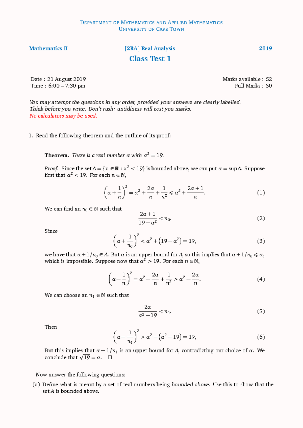 Test 1Real Analysis - DEPARTMENT OFMATHEMATICS ANDAPPLIEDMATHEMATICS ...