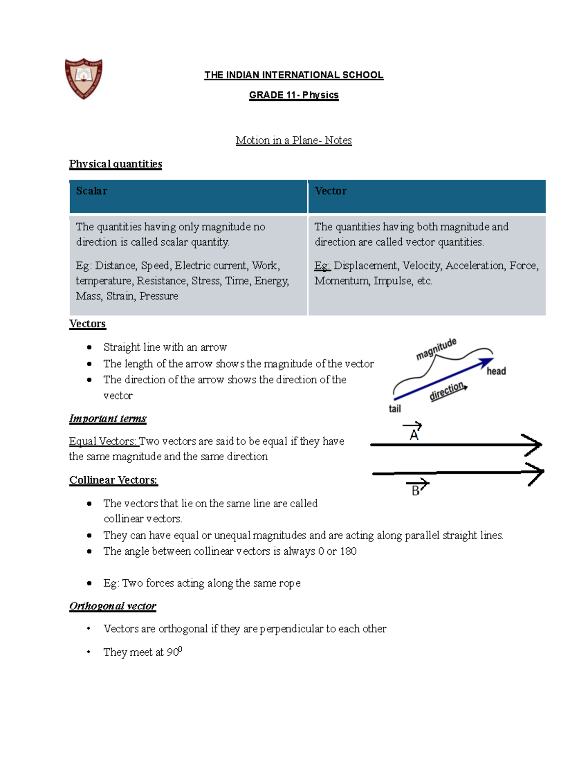 Physics Motion in a Plane Notes - Grade 10 - Studocu