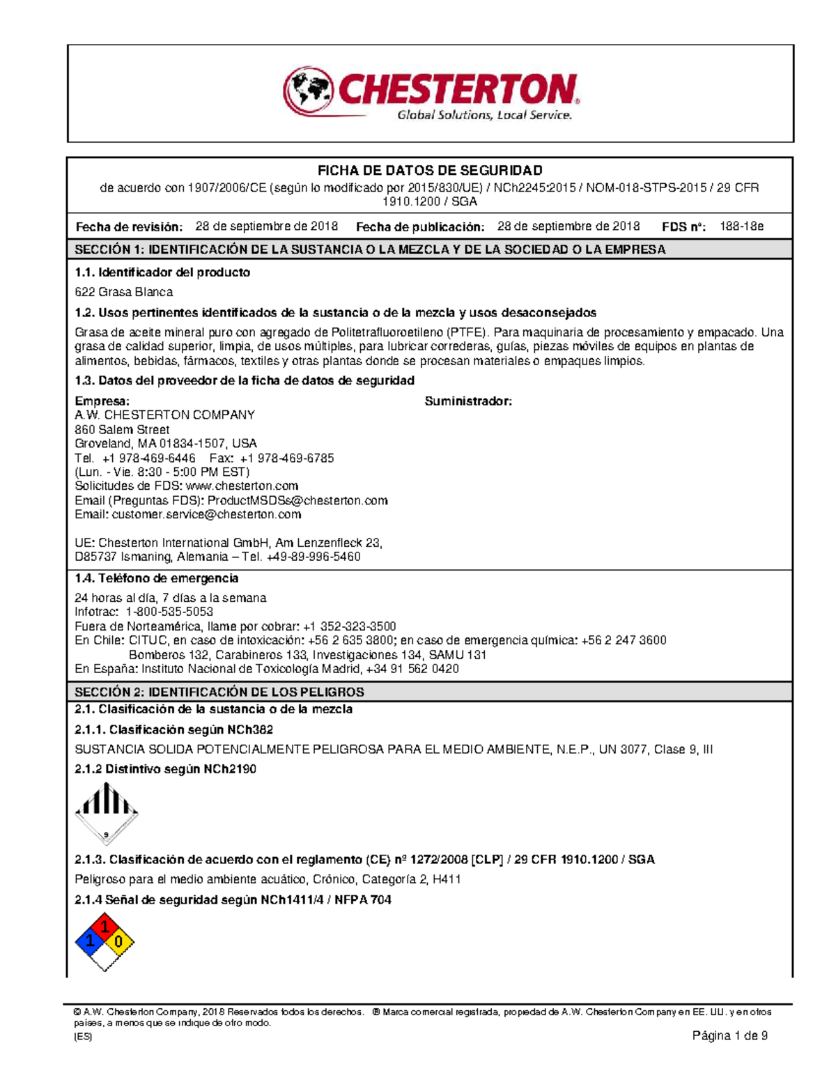 HDS de Seguridad para Grasa Blanca Chesterton 622 - NCh2245:2015 - Studocu