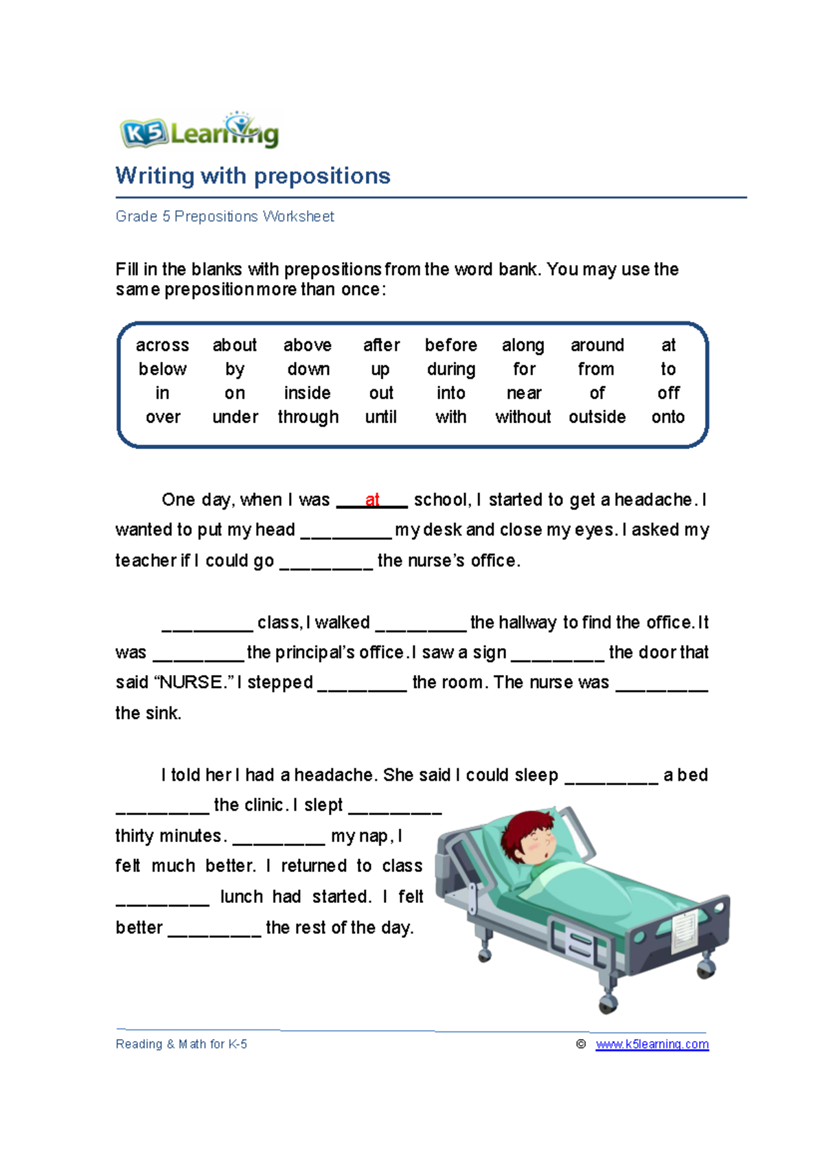 Grade 5 Prepositions Worksheet: Fill in the Blanks Exercise - Studocu