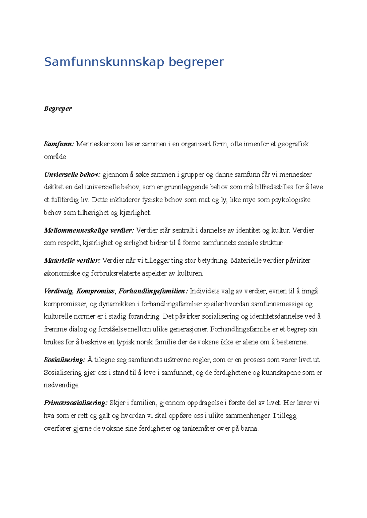 Samfunnskunnskap: Begreper og Verdier i Samfunnet - Studocu