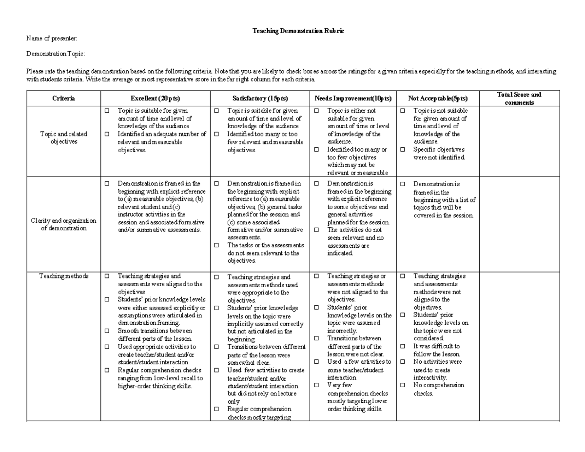 Teaching Demonstration Rubric Evaluation Guide - Studocu