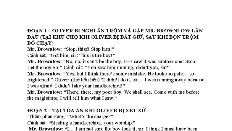 Tóm tắt Đoạn 1-3: Oliver và Mr. Brownlow (Tại Tòa Án và Nhà) - Studocu